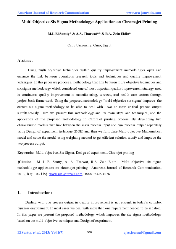 (PDF) Multi Objective Six Sigma Methodology: Application on Chromojet ...