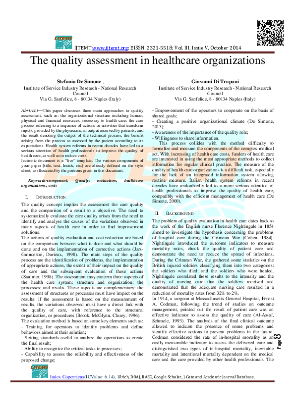 (PDF) The quality assessment in healthcare organizations