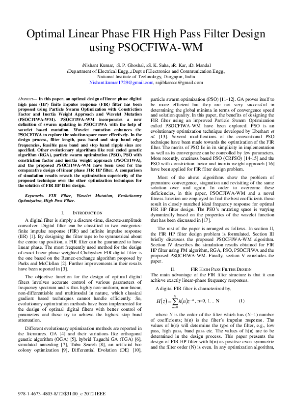 (PDF) Optimal linear phase fir high pass filter design using PSOCFIWA-WM (IEEE)