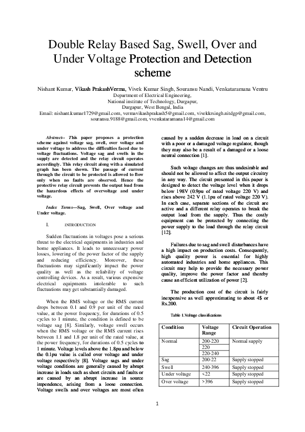 (PDF) Double relay based sag, swell, over and under voltage protection and detection scheme (IEEE)
