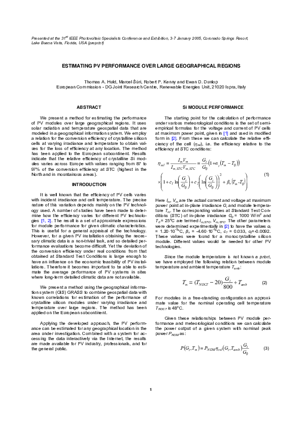 (PDF) Estimating PV performance over large geographical regions
