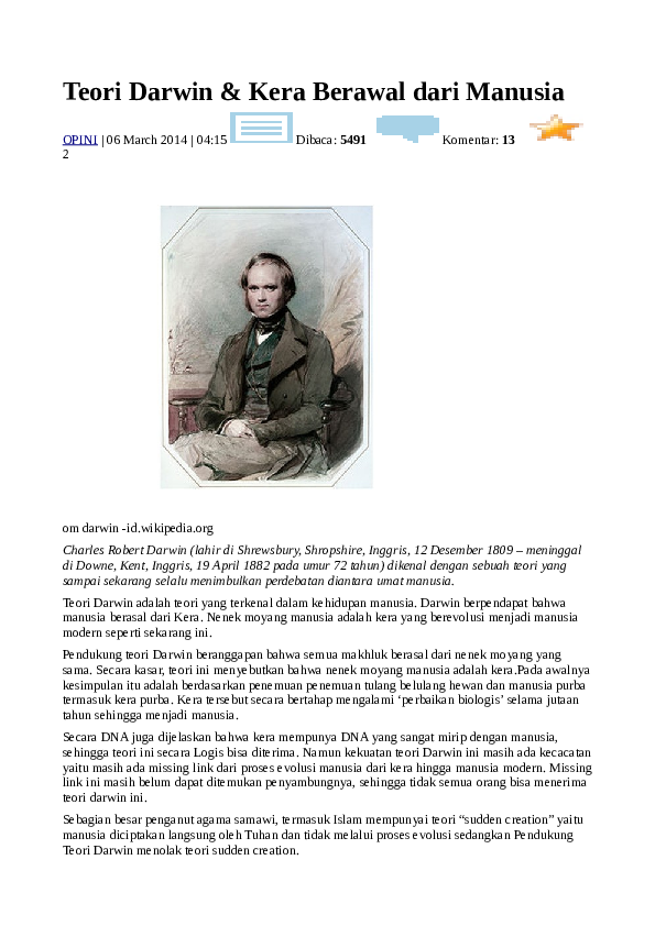 Teori Darwin & Kera Berawal dari Manusia