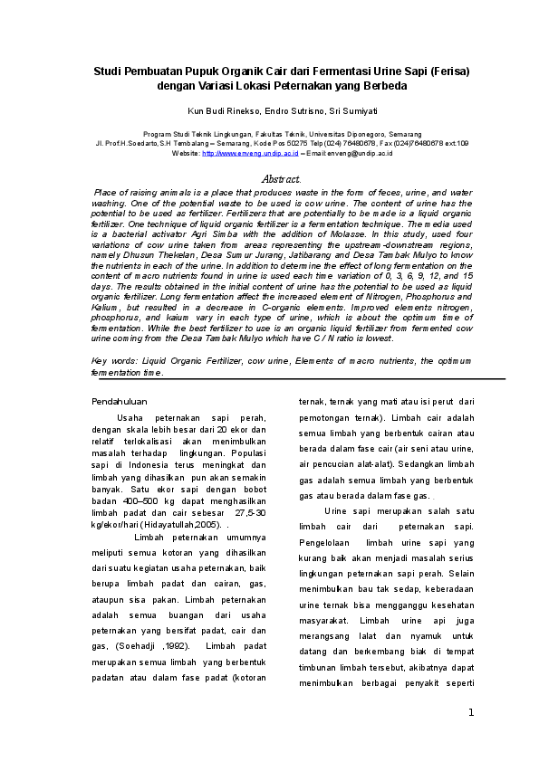 (DOC) Studi Pembuatan Pupuk Organik Cair dari Fermentasi Urine Sapi ...