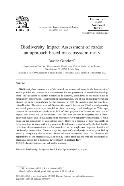 (PDF) Biodiversity Impact Assessment of Roads: An Approach Based on ...