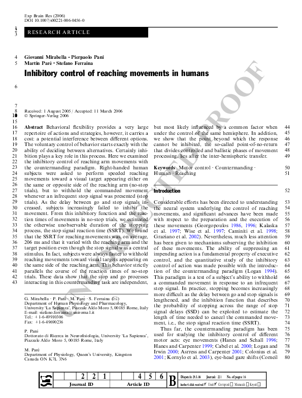 (PDF) Inhibitory control of reaching movements in humans