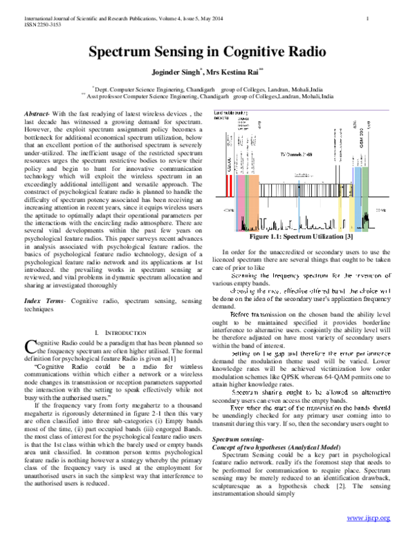 Pdf Spectrum Sensing In Cognitive Radio Ijsrp Journal