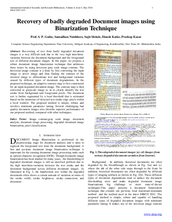(PDF) Recovery of badly degraded Document images using Binarization Technique