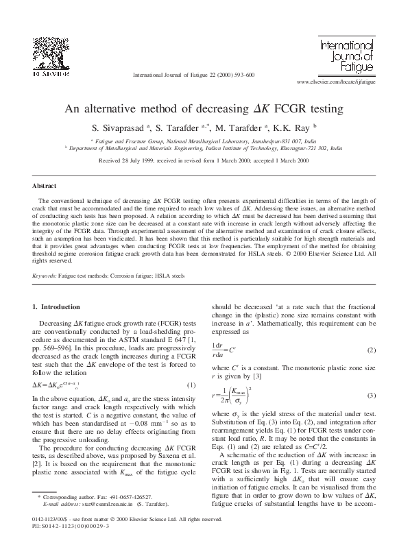 (PDF) An alternative method of decreasing Delta K FCGR testing