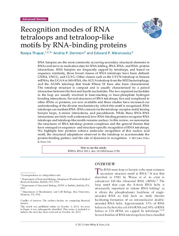 (PDF) Recognition Modes of RNA Tetraloops And Tetraloop-Like Motifs By ...