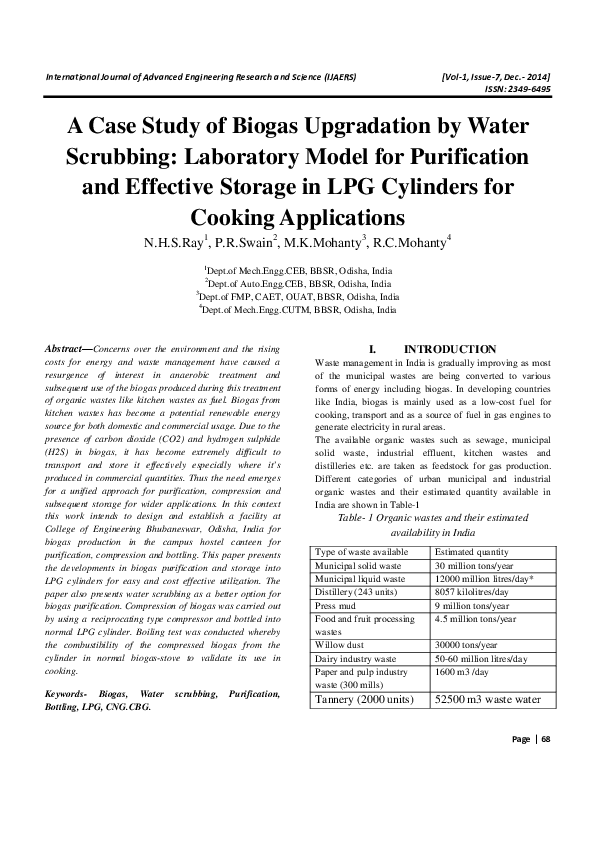 A Case Study of Biogas Upgradation by Water Scrubbing: Laboratory Model ...