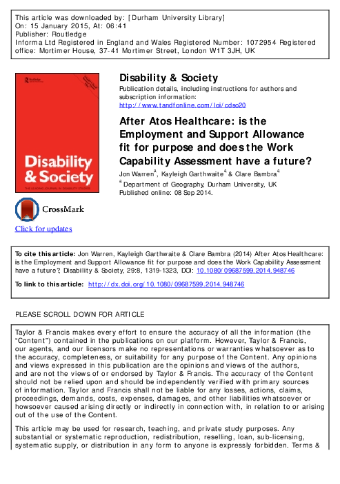 (PDF) Warren, J., Garthwaite, K. and Bambra, C. (2014) After Atos ...