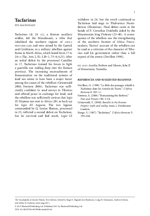 'Tacfarinas' in the Wiley Blackwell Encyclopedia of Ancient History