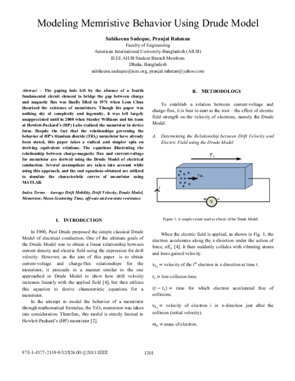 (PDF) Modeling Memristive Behavior Using Drude Model
