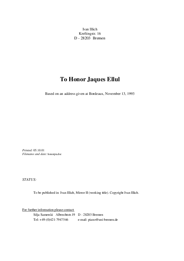 (PDF) Ivan Illich To Honor Jaques Ellul
