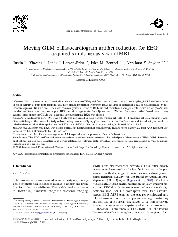Pdf Moving Glm Ballistocardiogram Artifact Reduction For Eeg Acquired Simultaneously With Fmri