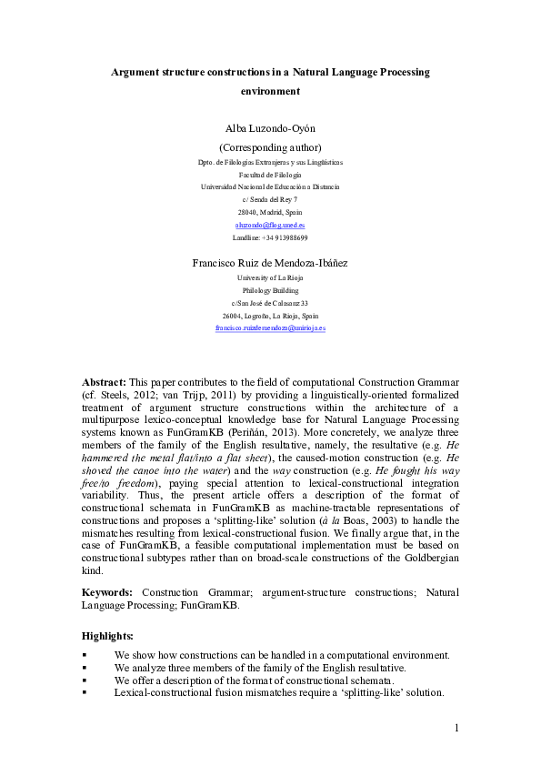 Pdf Argument Structure Constructions In A Natural Language Processing