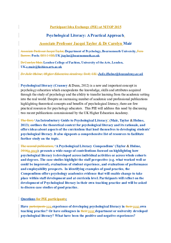 (DOC) Psychological Literacy: A Practical Approach.
