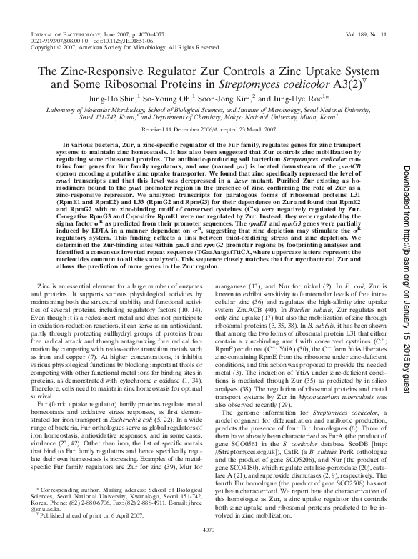 (PDF) The Zinc-Responsive Regulator Zur Controls a Zinc Uptake System ...