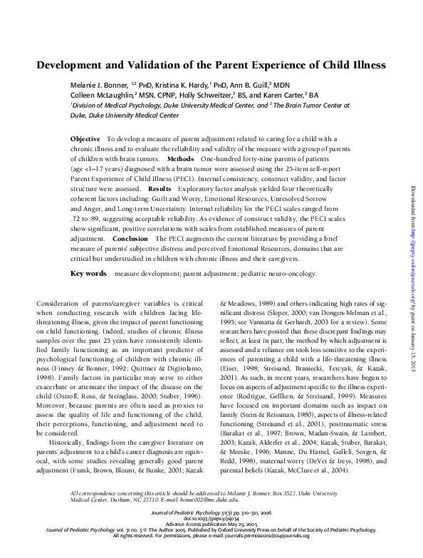 (PDF) Development and Validation of the Parent Experience of Child Illness | PECY ALVAREZ ...