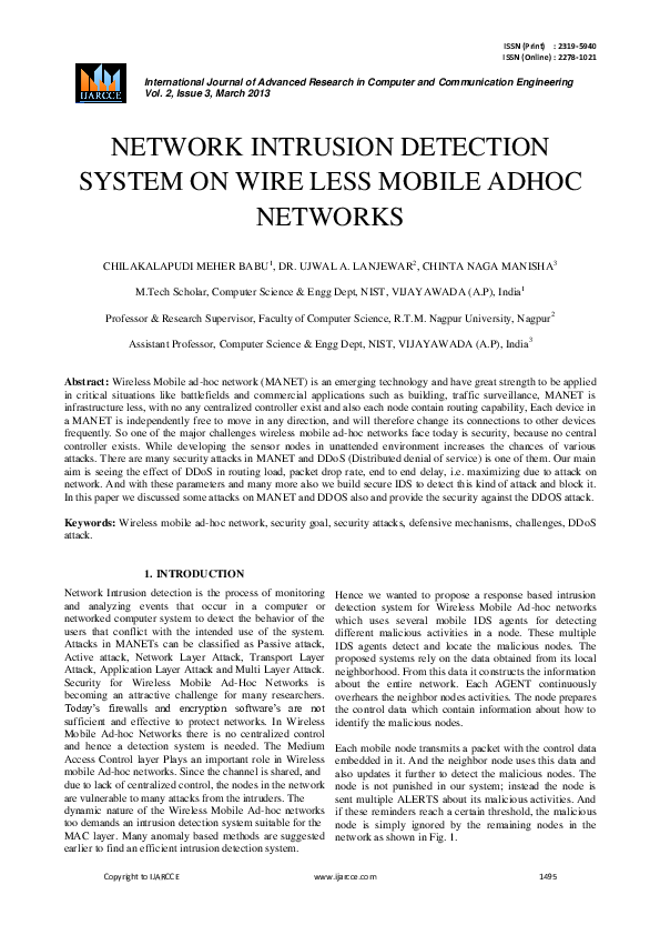 (PDF) NETWORK INTRUSION DETECTION SYSTEM ON WIRE LESS MOBILE ADHOC NETWORKS