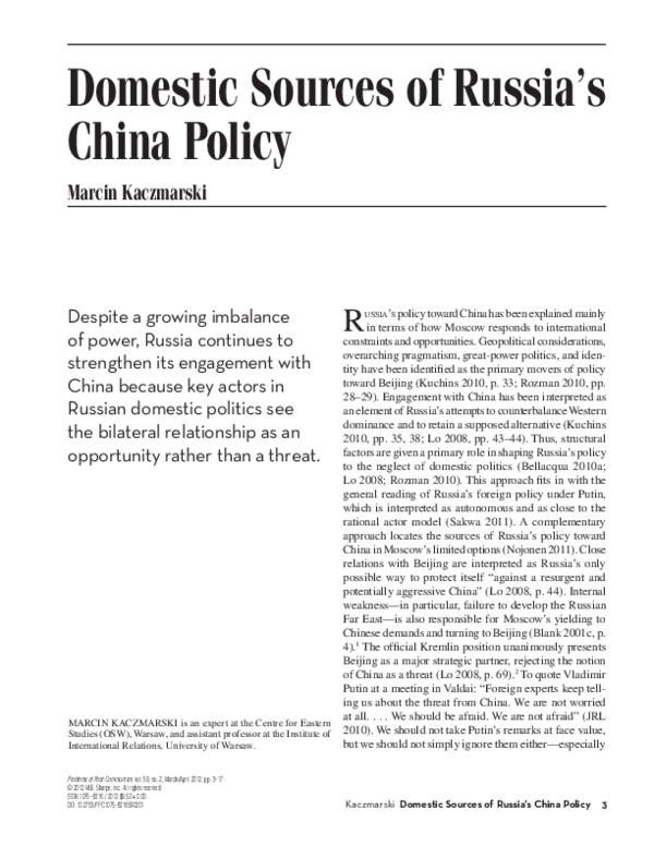 (PDF) Domestic Sources of Russia's China Policy | Marcin Kaczmarski ...