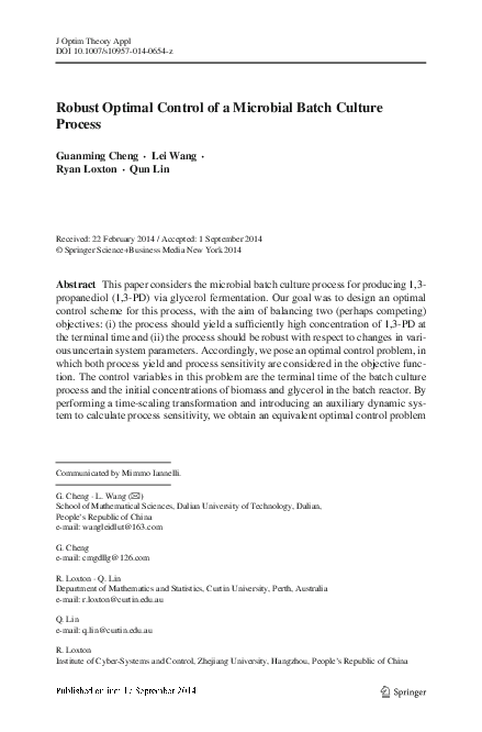 Pdf Robust Optimal Control Of A Microbial Batch Culture Process