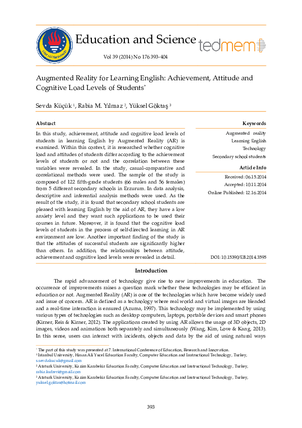 (PDF) Augmented Reality for Learning English: Achievement, Attitude and Cognitive Load Levels of ...