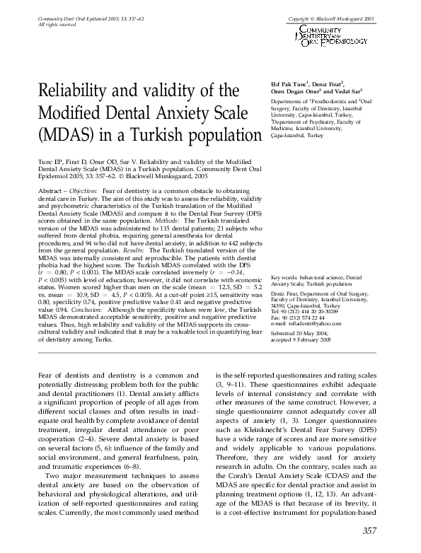 (PDF) Reliability and validity of the Modified Dental Anxiety Scale ...
