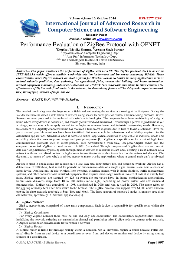 Pdf Evaluating Zigbee Performance Using Opnet