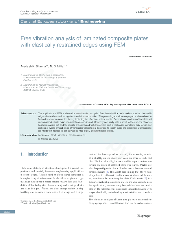 Pdf Free Vibration Analysis Of Laminated Composite Plates With Elastically Restrained Edges