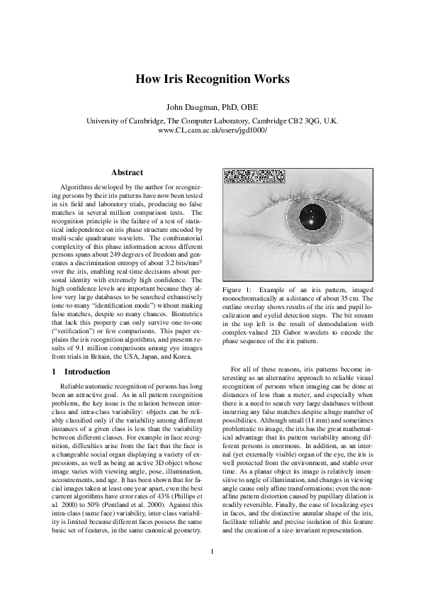 Pdf How Iris Recognition Works