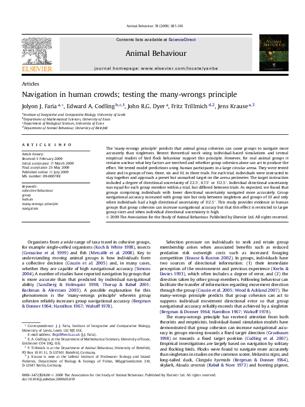 (PDF) Navigation in human crowds; testing the many-wrongs principle