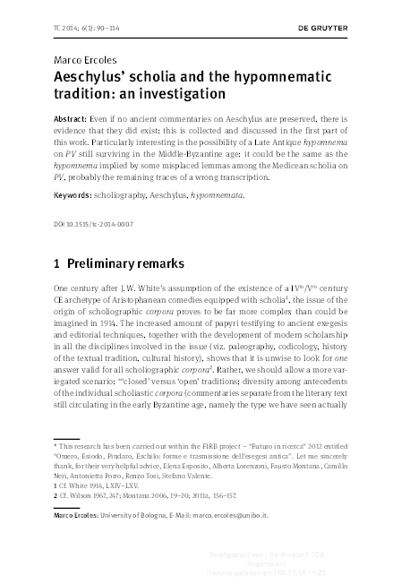 Aeschylus’ scholia and the hypomnematic tradition: an investigation ...