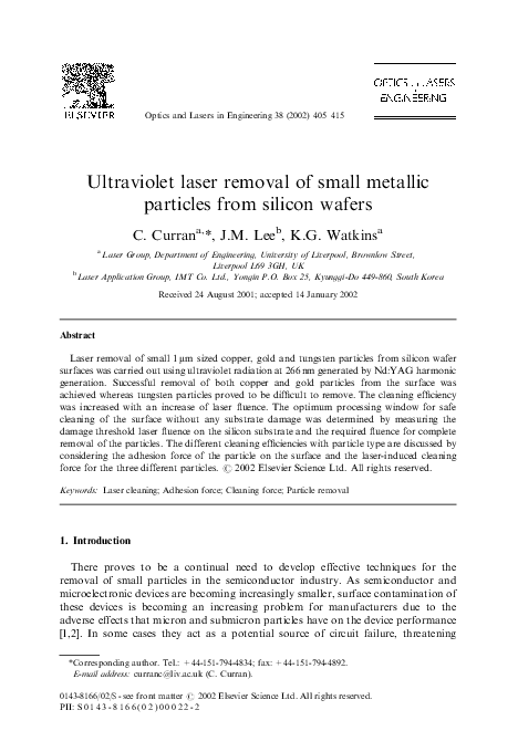 (PDF) Ultraviolet laser removal of small metallic particles from ...