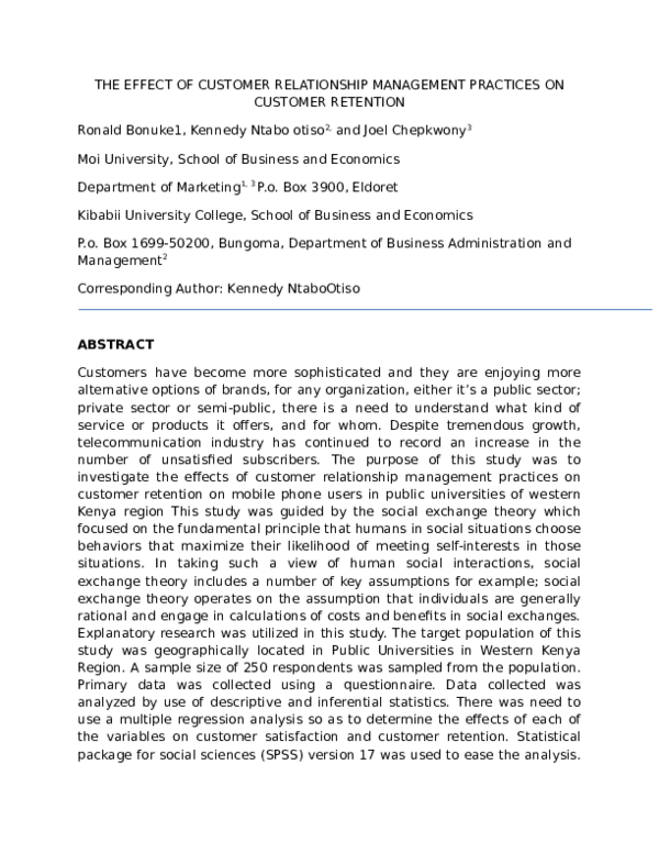 (DOC) THE EFFECT OF CUSTOMER RELATIONSHIP MANAGEMENT PRACTICES ON ...