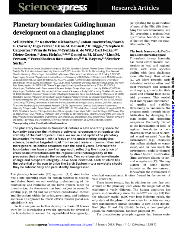 Planetary Boundaries: Guiding human development on a changing planet.