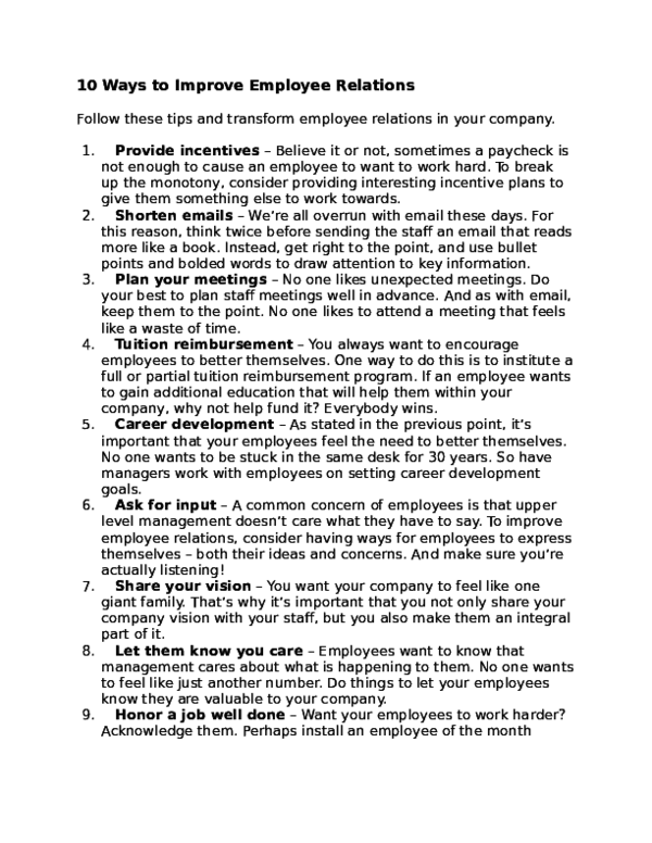 (DOC) 0 Ways to Improve Employee Relations