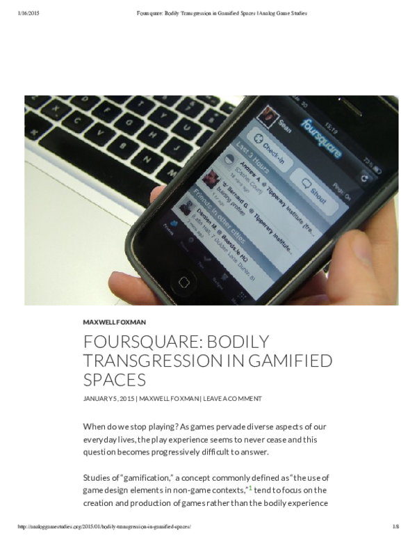 (PDF) Foursquare: Bodily Transgression in Gamified Spaces