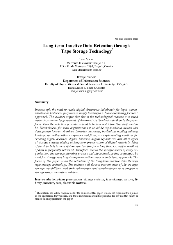 (PDF) Long-term Inactive Data Retention through Tape Storage Technology