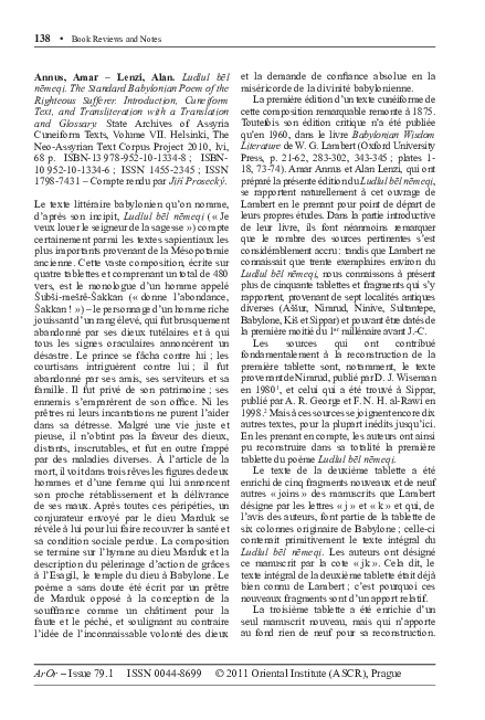 (PDF) Review: Amar Annus and Alan Lenzi, Ludlul bel nemeqi. The ...