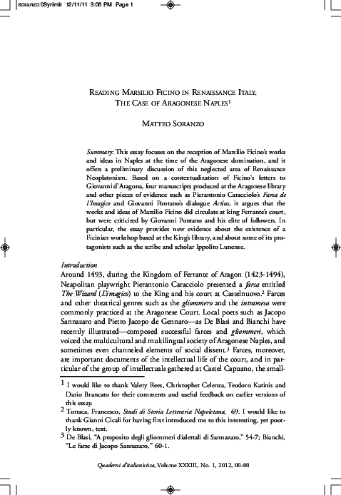 (PDF) Reading Marsilio Ficino in Renaissance Italy: the Case of ...