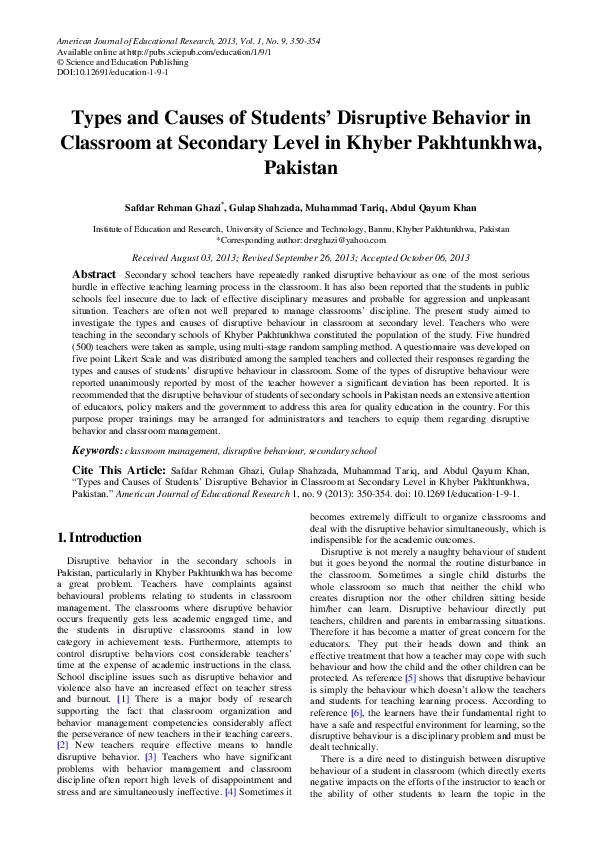 (PDF) Types and Causes of Students’ Disruptive Behavior in Classroom at ...