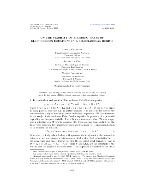 (PDF) On the stability of standing waves of Klein-Gordon equations in a ...