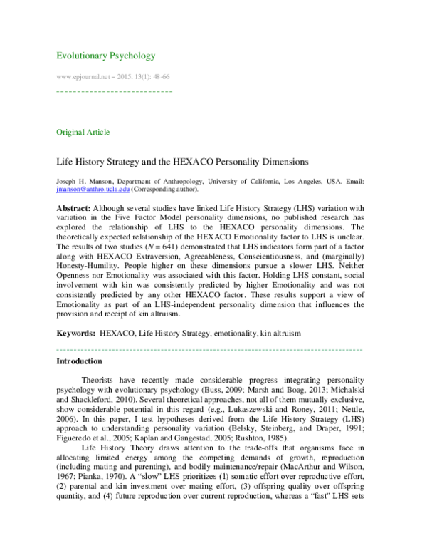 (PDF) Life History Strategy and the HEXACO Personality Dimensions