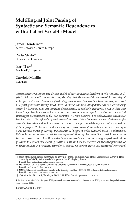 Pdf Multilingual Joint Parsing Of Syntactic And Semantic Dependencies With A Latent Variable