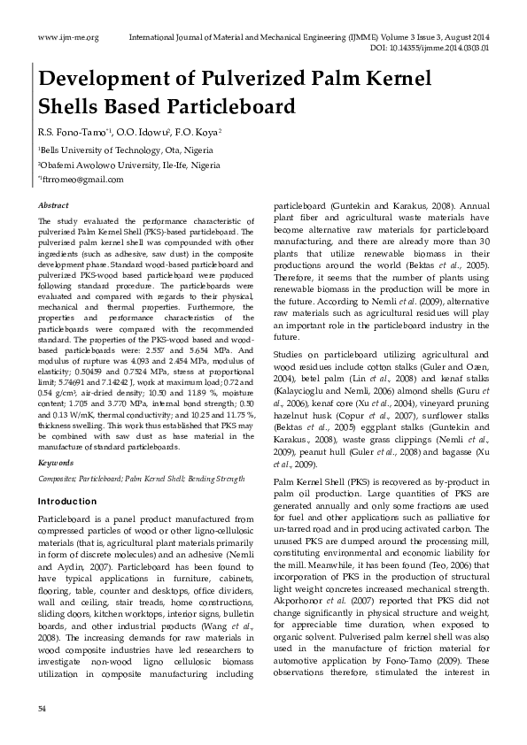 (PDF) Development of Pulverized Palm Kernel Shells Based Particleboard