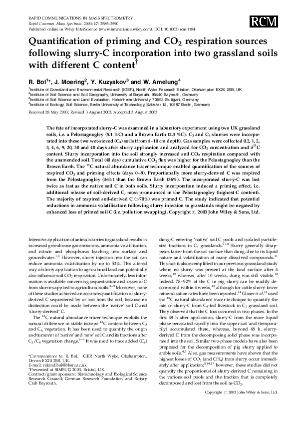 (PDF) Quantification of priming and CO2 respiration sources following slurry-C incorporation ...