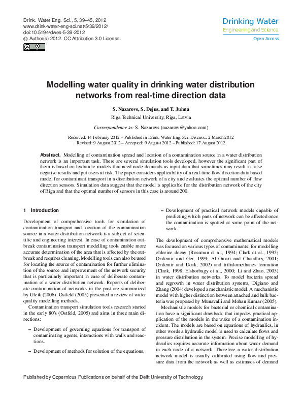 (PDF) Earth System Science Data Modelling water quality in drinking water distribution networks ...