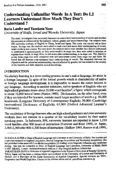 (PDF) Understanding unfamiliar words in a text: do L2 learners ...