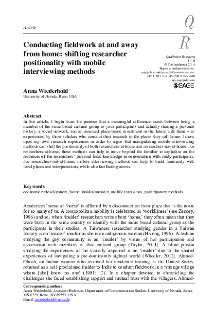 (PDF) Conducting fieldwork at and away from home: Shifting researcher ...